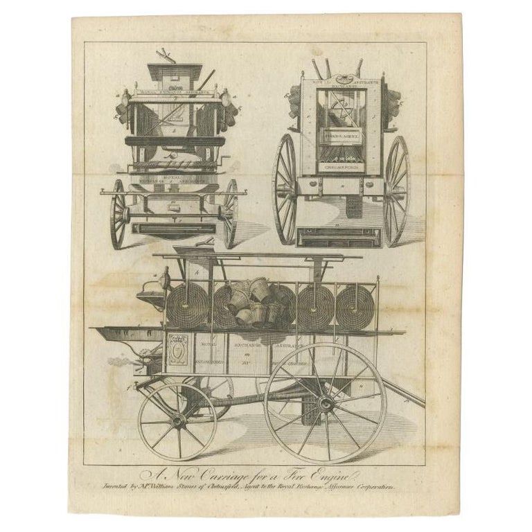 Antique Print of a New Carriage for a Fire Engine, 1791 For Sale at 1stDibs
