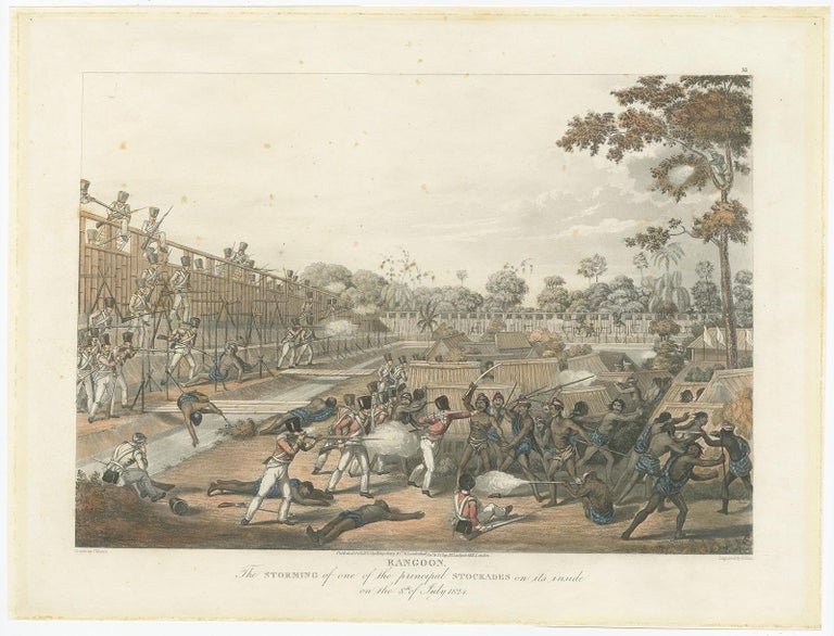 Antique Print of a War Scene in Rangoon Between the Burmese and British ...