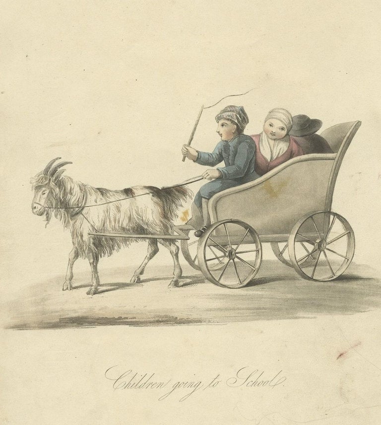 Antique Print of Children Going to School in a Goat Car in Holland ...