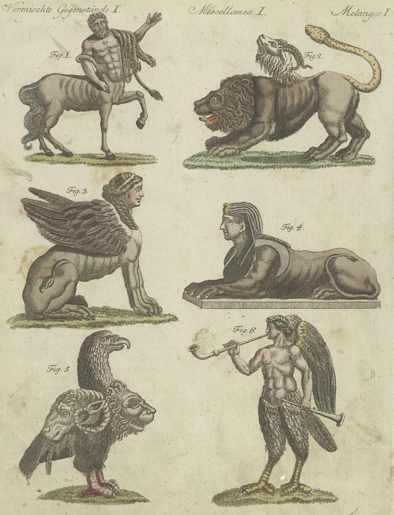 Antique Print of Fabulous Animals, incl the Spinx, Sirens and Gryllus ...