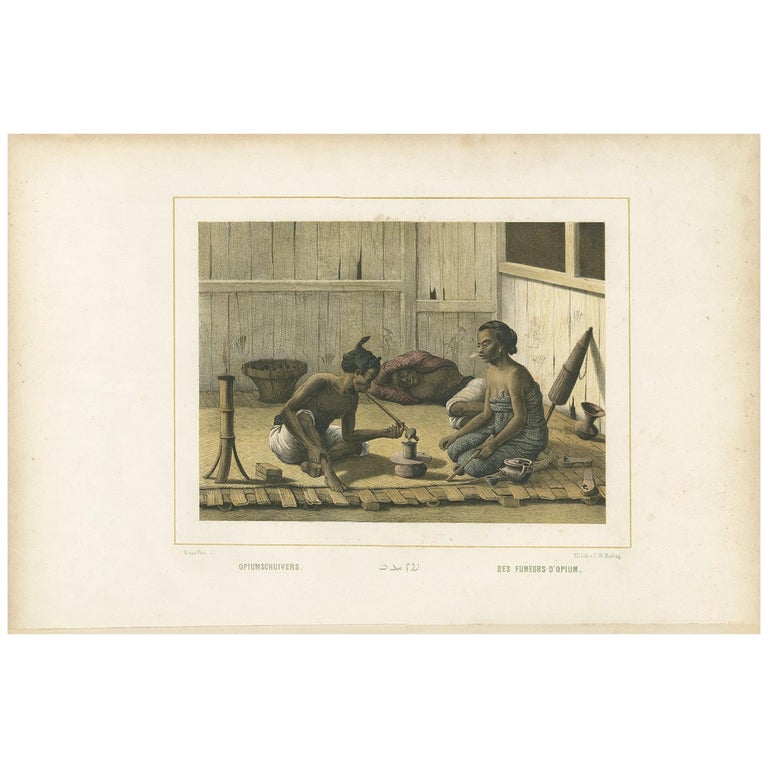 Antique Print of Javanese Locals Smoking Opium by Van Pers, circa 1850 ...
