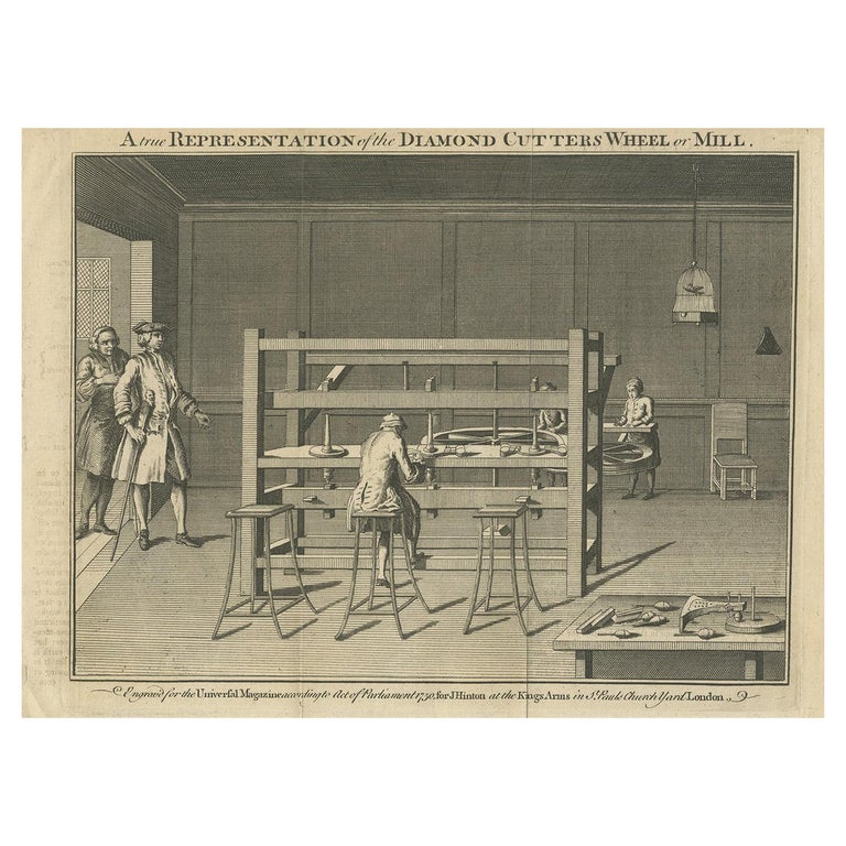 Antique Print of Men Working at a Diamond-Cutting Machine in London ...
