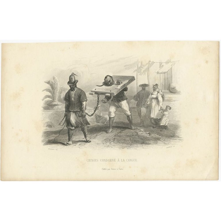Impression ancienne de punishment avec une cangue en Chine, vers 1860 ...