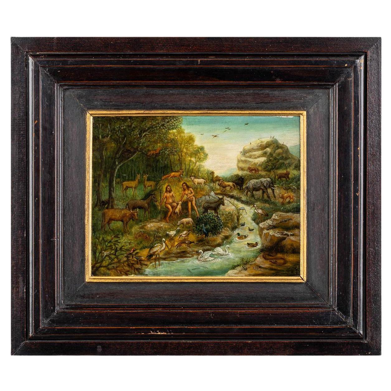 Antique Provincial European Painting of Adam and Eve in Paradise For ...