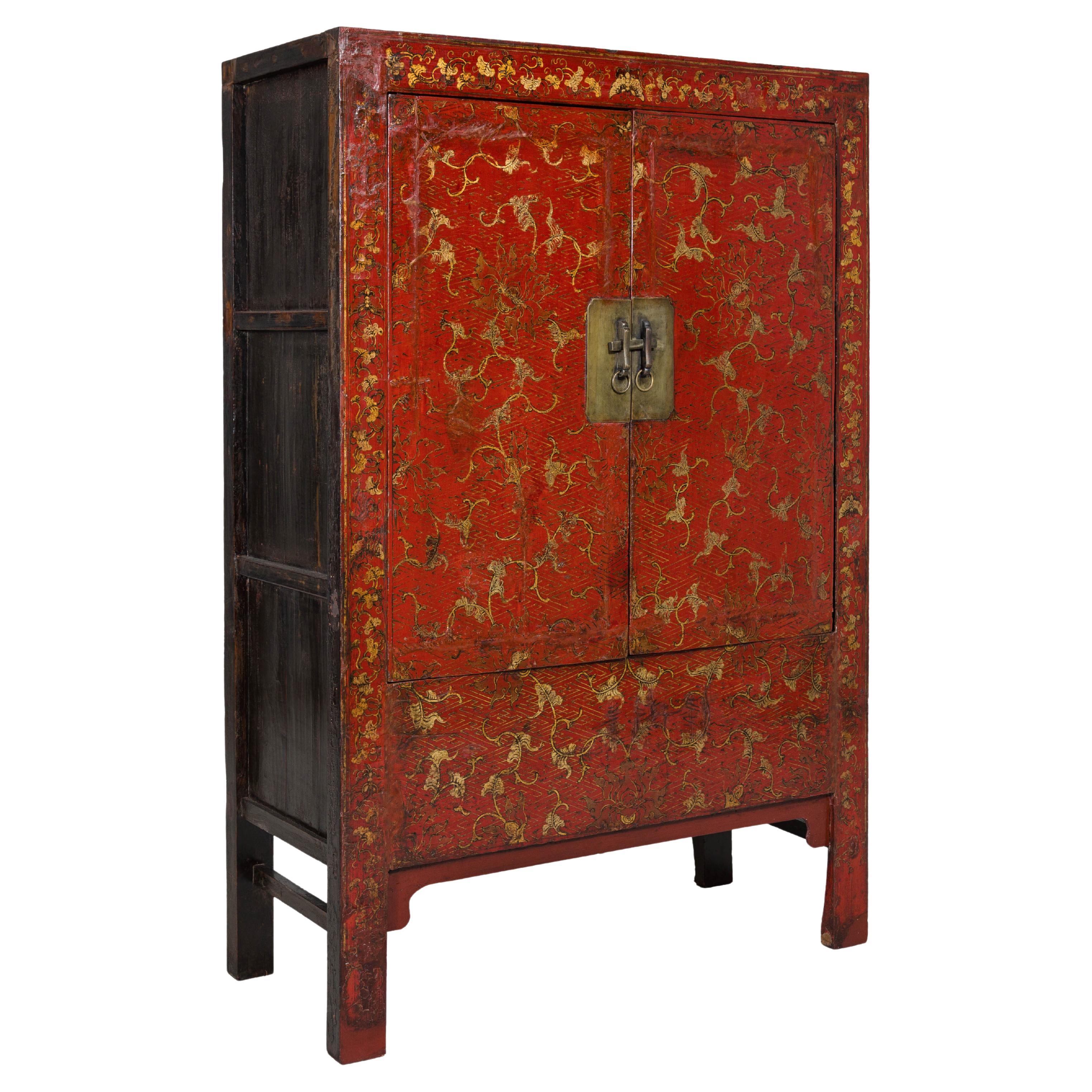Antique Qing Dynasty Red Lacquer Cabinet with Gilt Decoration, 19th ...