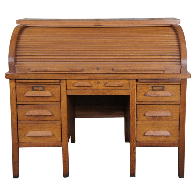 Antique Quartersawn American Oak Roll Top Tambour Secretary Bankers ...