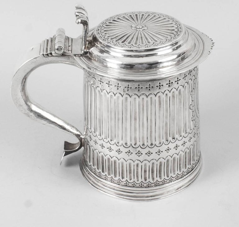 Antique Queen Anne English Silver Lidded Tankard "LE" 1703 at 1stDibs