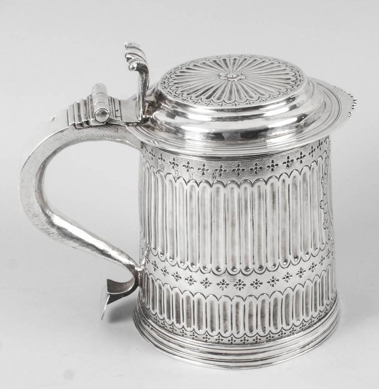 Antique Queen Anne English Silver Lidded Tankard "LE" 1703 at 1stDibs