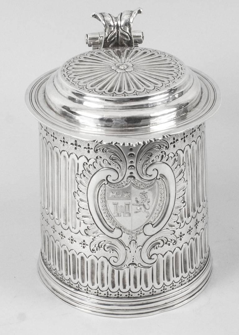 Antique Queen Anne English Silver Lidded Tankard "LE" 1703 at 1stDibs
