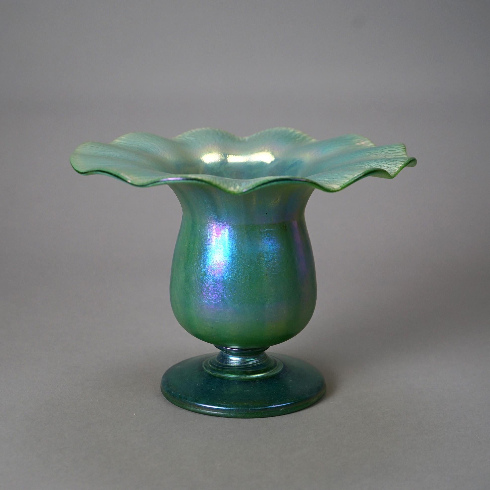 Antique Quezal School Green Art Glass Ruffled Rim and Footed Vase ...
