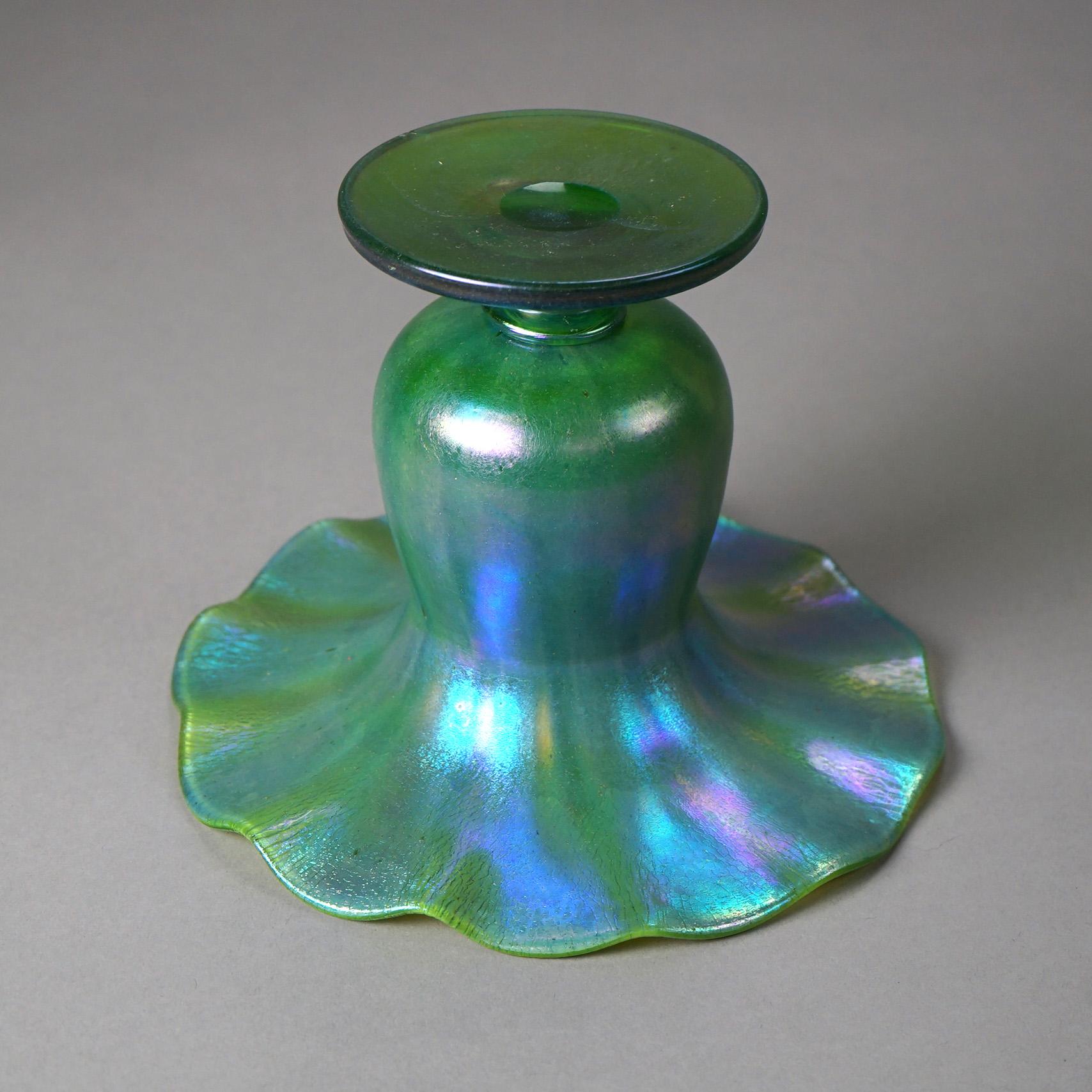 Antique Quezal School Green Art Glass Ruffled Rim and Footed Vase ...