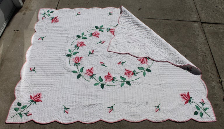 Antique Quilt, Midcentury Rose Applique Quilt For Sale at 1stDibs ...