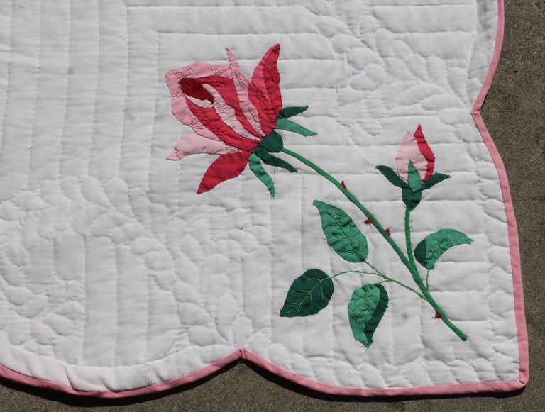 Antique Quilt, Midcentury Rose Applique Quilt For Sale at 1stDibs ...