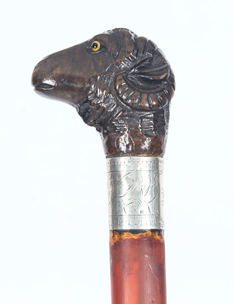 Antique Ram's Head Walking Cane Stick Sterling Silver Collar, 19th ...