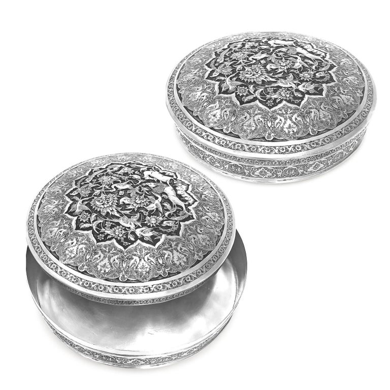 Antique Rare Piece Round Box, Handmade Persian Silver For Sale at 1stDibs