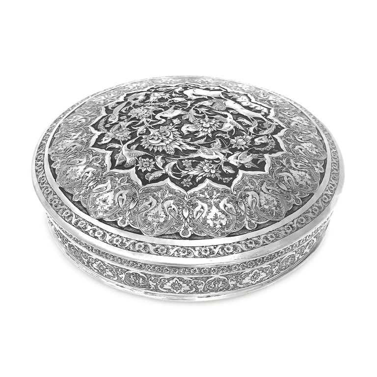 Antique Rare Piece Round Box, Handmade Persian Silver For Sale at 1stDibs
