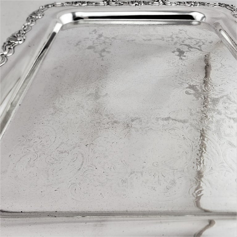 Antique Rectangular Silver Plated Serving Tray with Stylized Floral ...