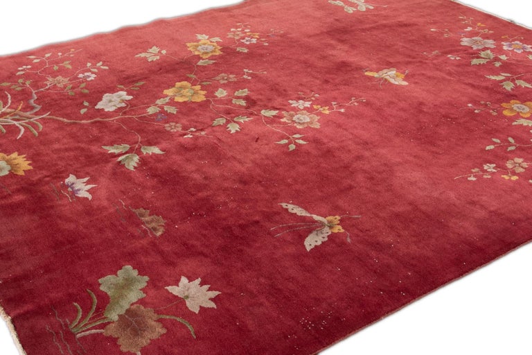 Antique Red Art Deco Chinese Handmade Wool Rug For Sale at 1stDibs