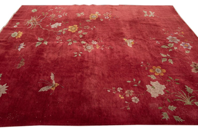 Antique Red Art Deco Chinese Handmade Wool Rug For Sale at 1stDibs