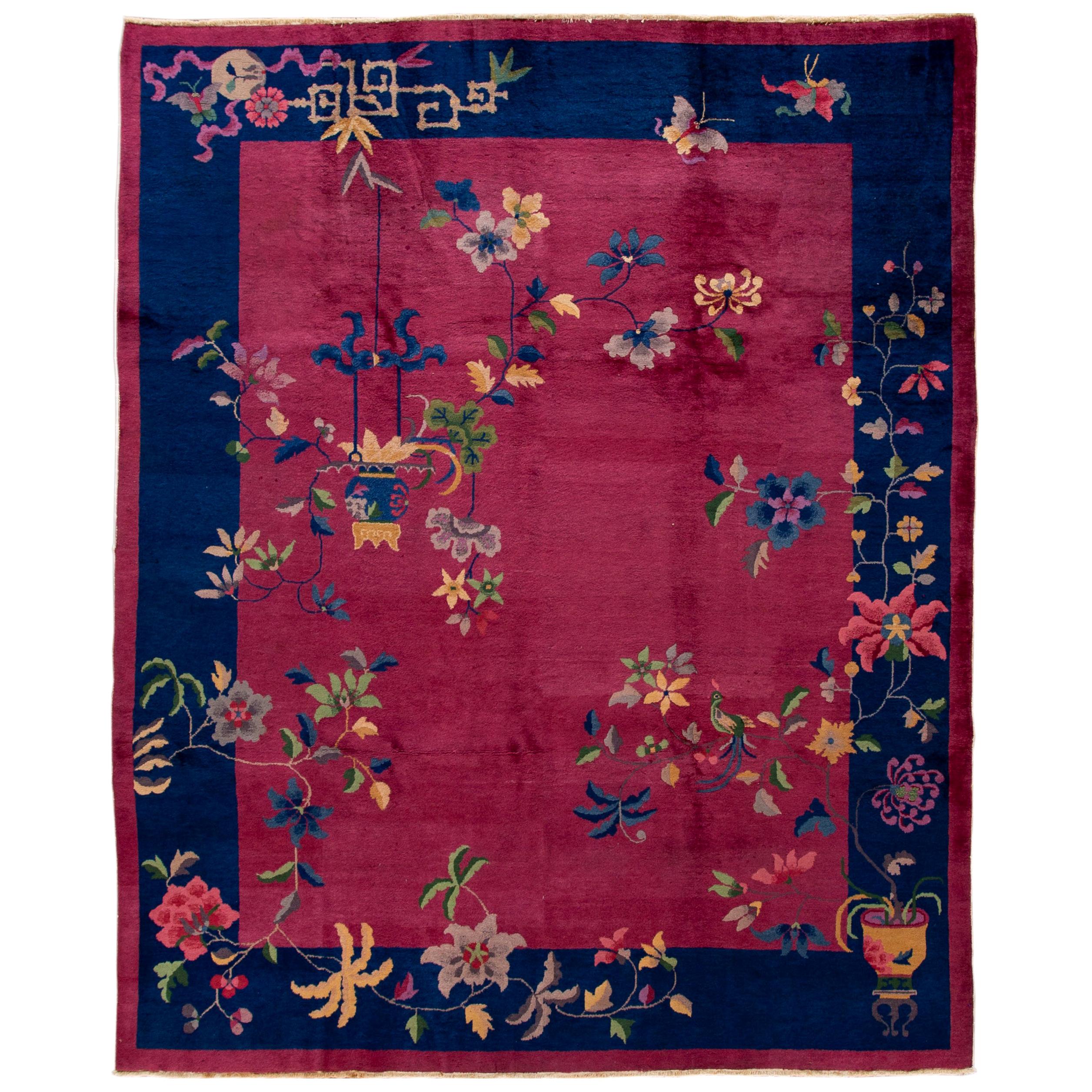Antique Chinese Art Deco Wool Rug For Sale at 1stDibs