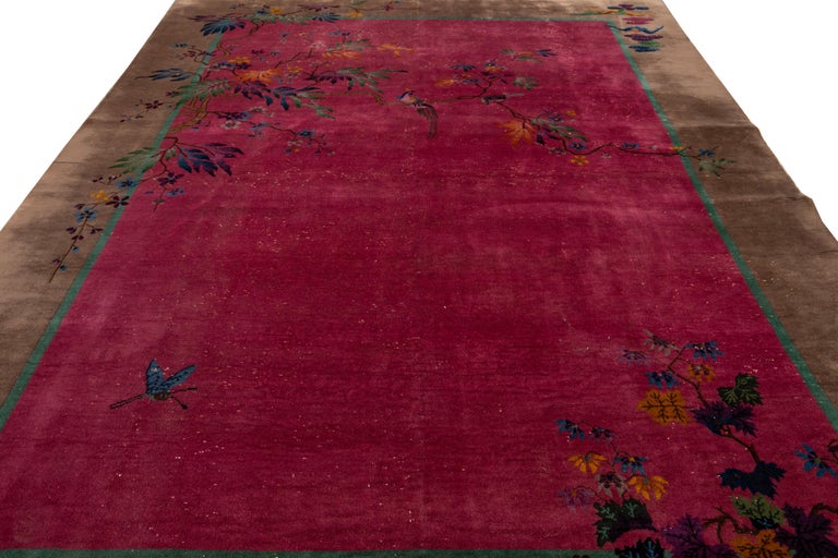 Antique Red Chinese Handmade Wool Rug For Sale at 1stDibs