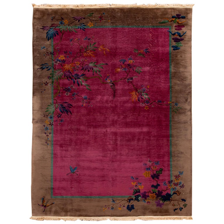 Antique Red Chinese Handmade Wool Rug For Sale at 1stDibs