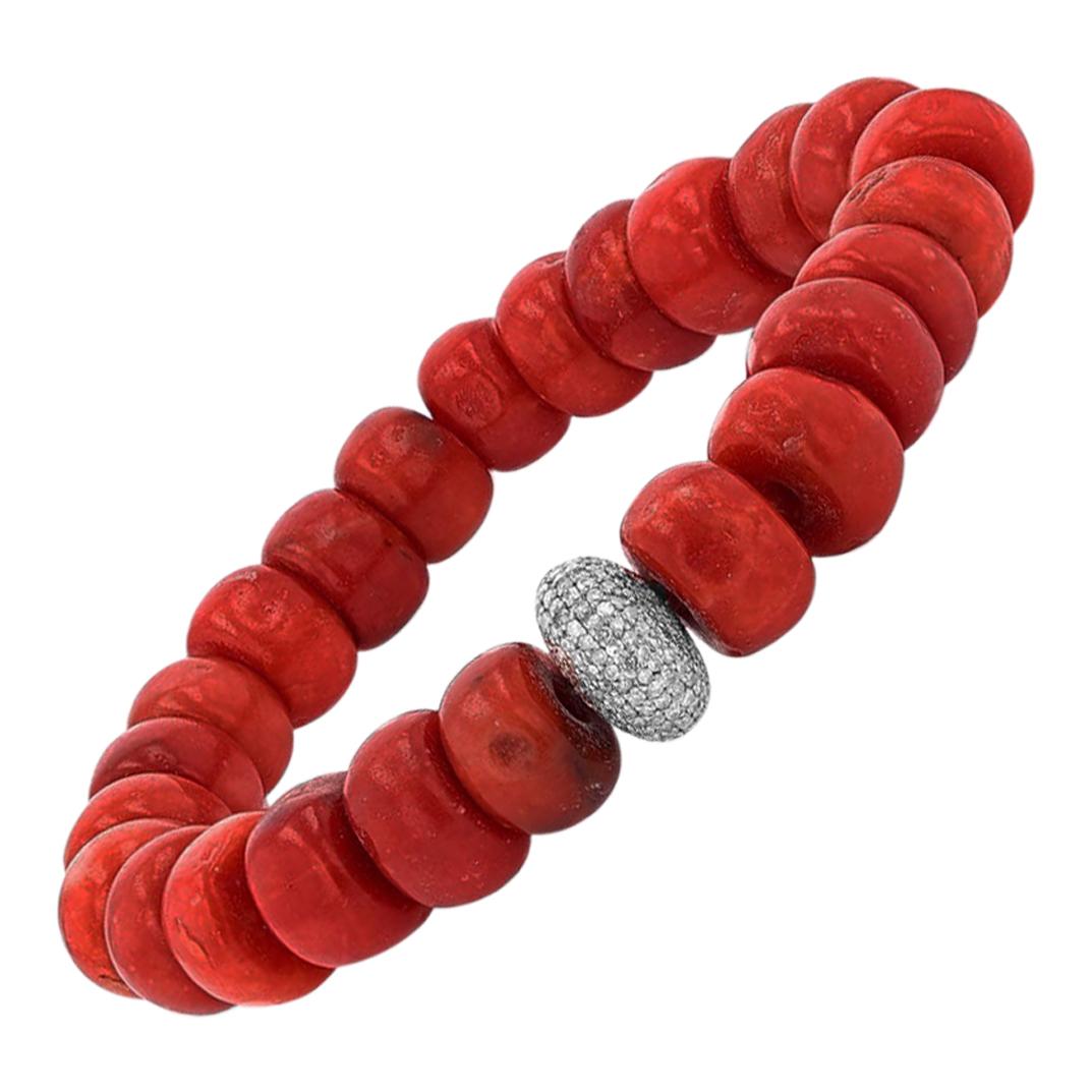Antique Red Coral Beaded Bracelet with Diamond Donut Bead For Sale at ...