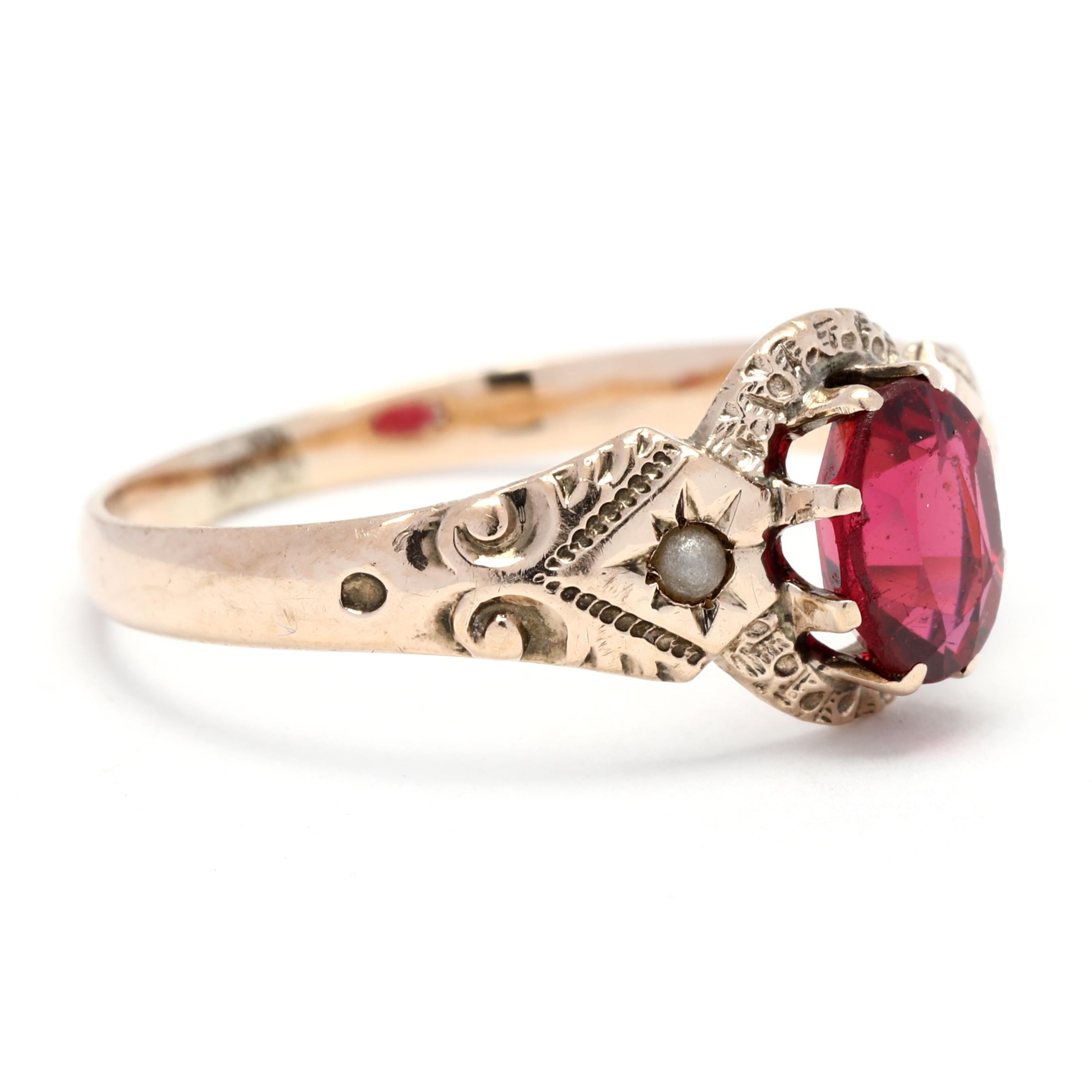 Antique Red Doublet Seed Pearl Engraved Ring, 10k Yellow Gold, Ring For ...
