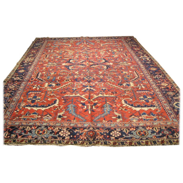 Antique Red Gold Navy Blue Border Geometric Tribal Persian Heriz Rug ...