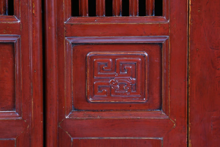 Antique Red Lacquer Kitchen Cabinet with Lattice Fretwork and Relief ...