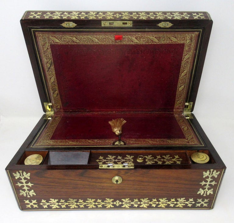 Antique Regency Brass Inlaid Mahogany Traveling Desk Wooden Writing ...