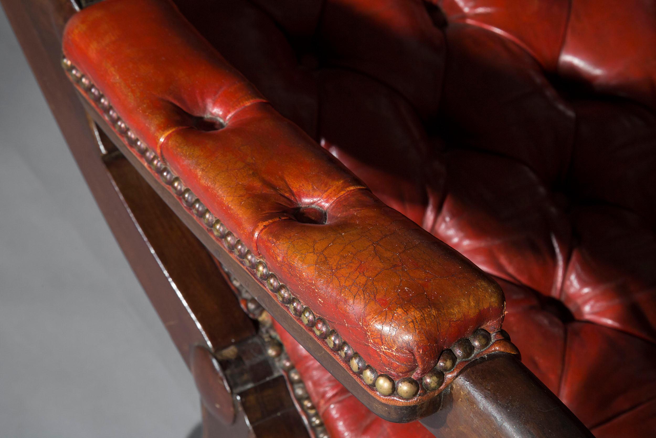 Antique Reclining Armchair in Old Red Leather For Sale at 1stDibs ...