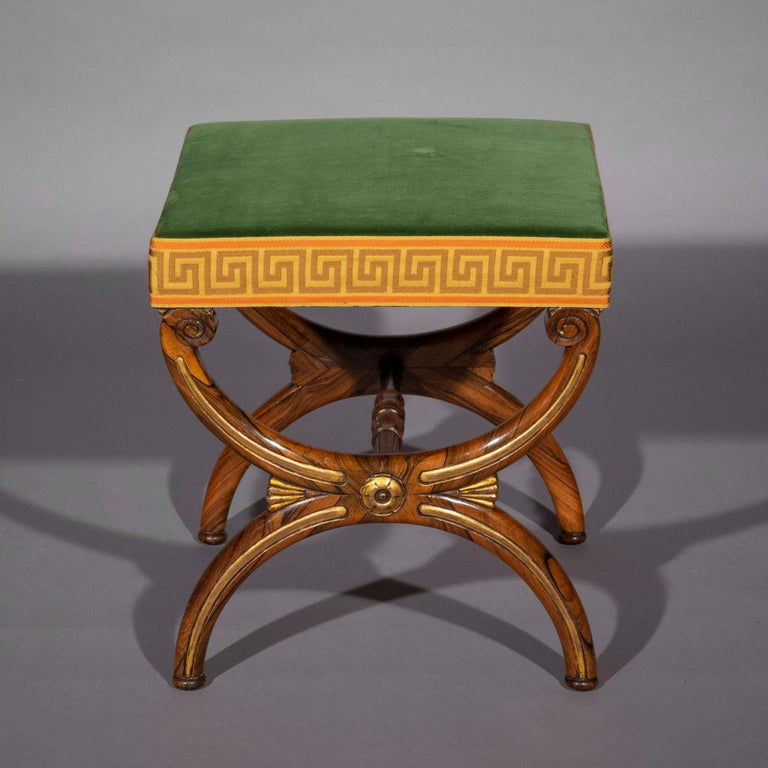 Antique Regency X-Frame Curule Stool or Bench in Green Velvet and Greek ...