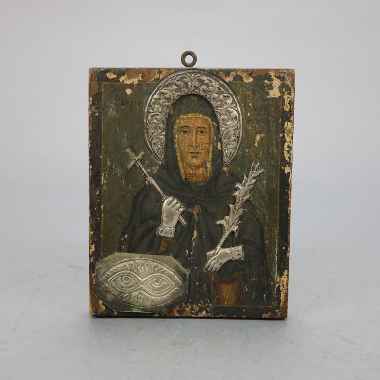 Antique Religious Hand Painted Icon on Board with Silver Embellishments 19th C at 1stDibs