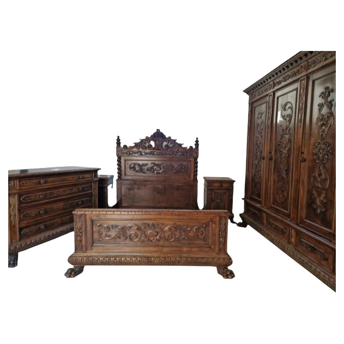 Antique Walnut Italian Renaissance Bedroom Set Hand Carved For Sale at ...