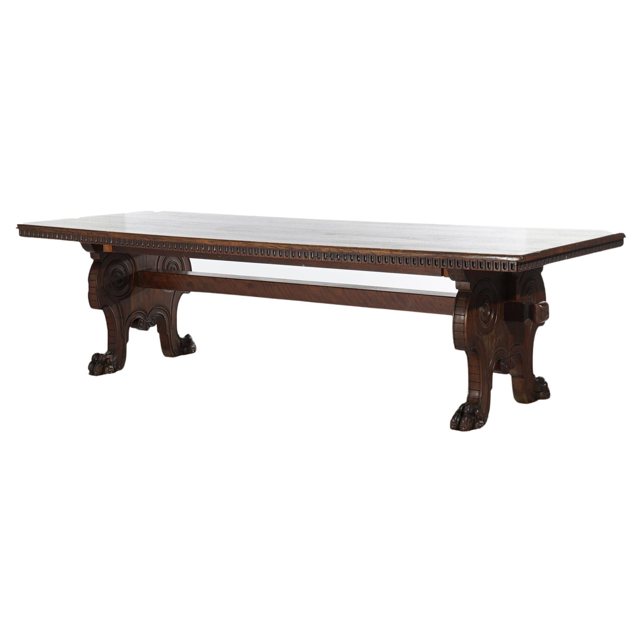 Antique Renaissance Revival Carved Oak Banquet Trestle Table with Paw ...