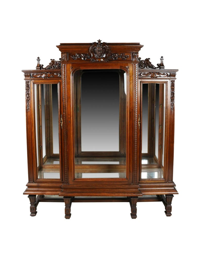 Antique Renaissance Revival Style Oak Vitrine Showcase Display Cabinet For Sale at 1stDibs