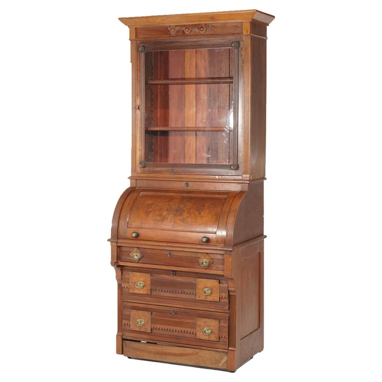 Antique Renaissance Revival Walnut and Burl Barrel Roll Top Desk, C1890 ...