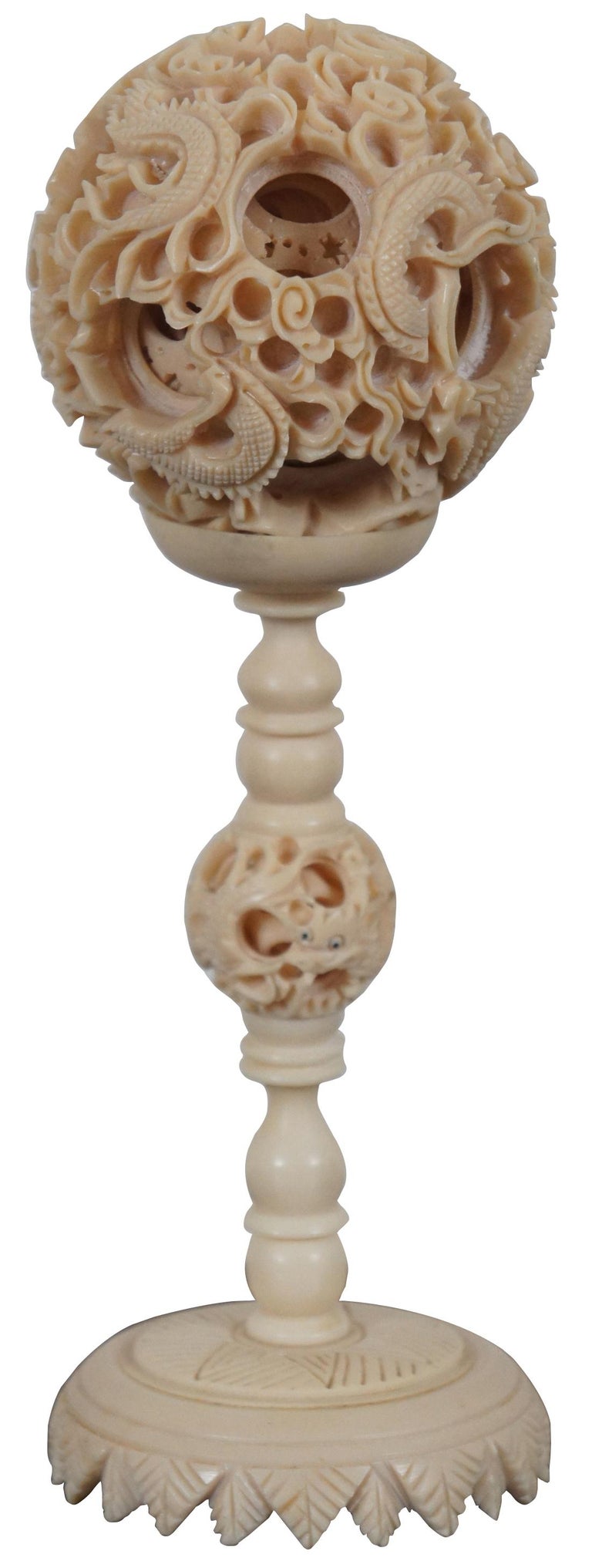 Antique Reticulated Carved 8 Layer Chinese Dragon Puzzle Ball and Stand ...