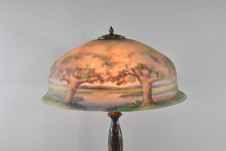 Antique Reverse Painted Pairpoint Lamp Artist Signed W. Macy Landscape ...