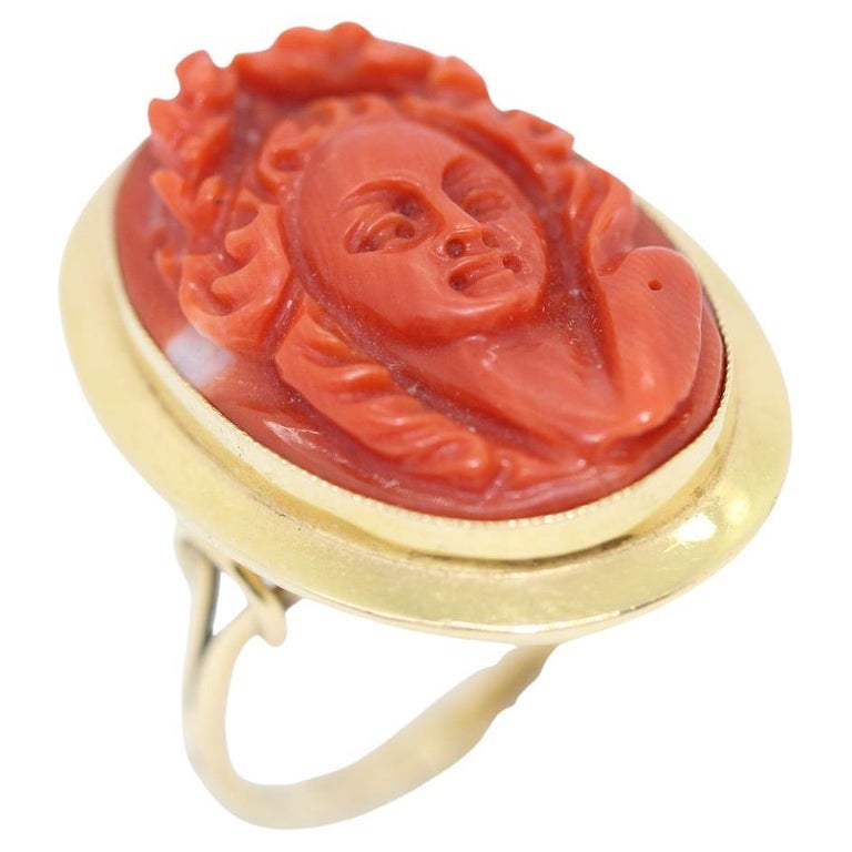 Antique Ring, Coral Cameo, 18 Karat Gold, Female Portrait For Sale at ...