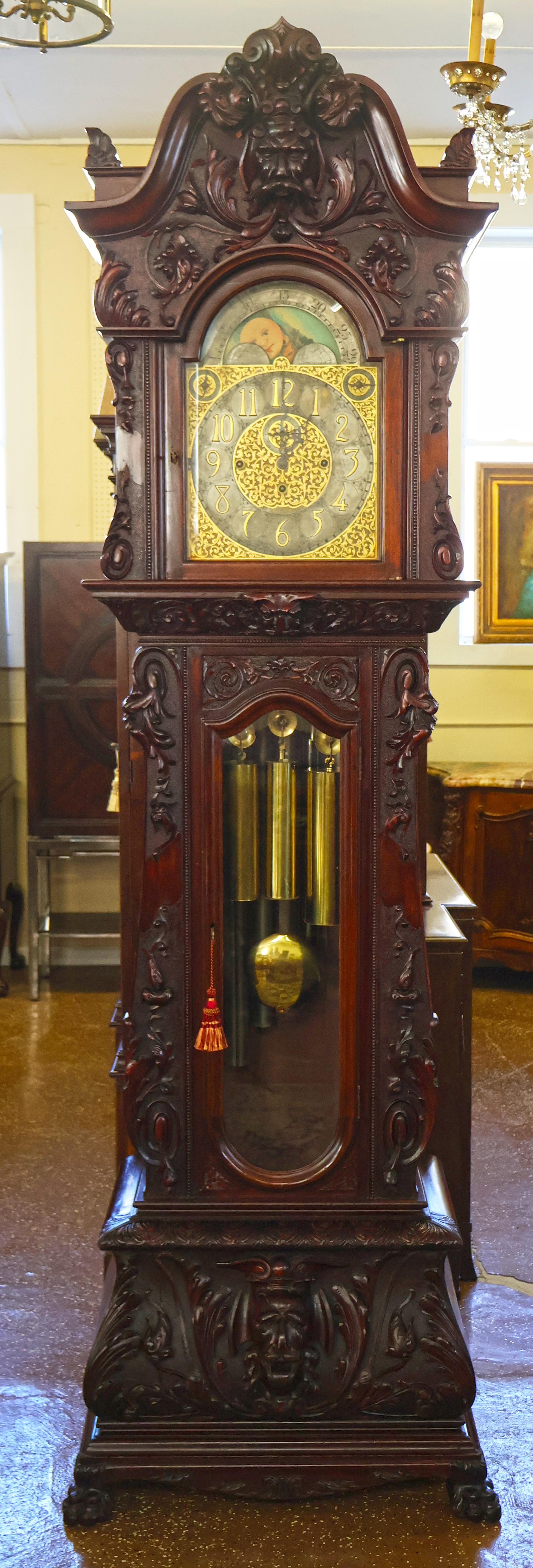 Antique RJ Horner Figural Carved Mahogany 9 Tube Tall Case Grandfather ...