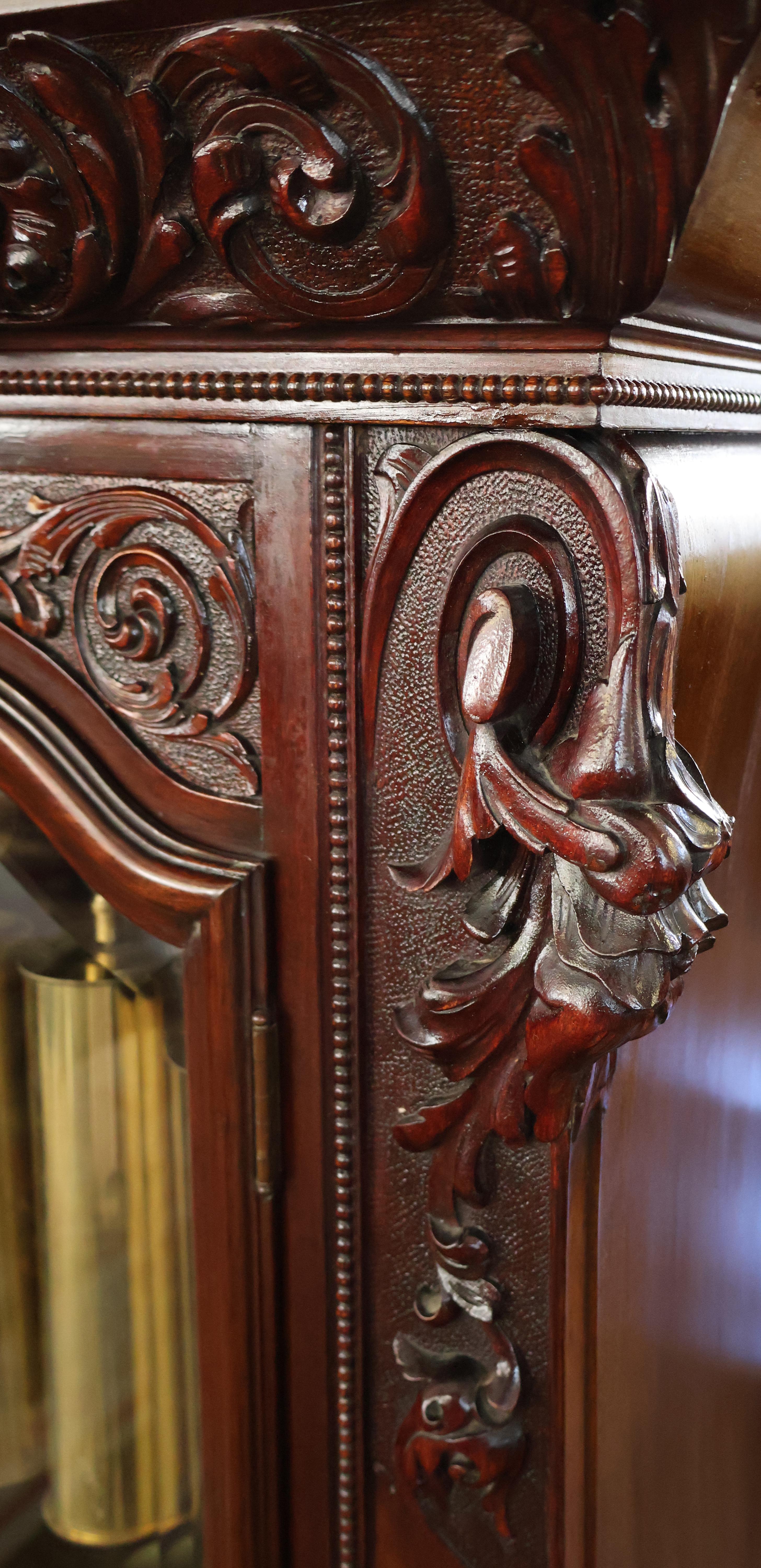 Antique RJ Horner Figural Carved Mahogany 9 Tube Tall Case Grandfather ...