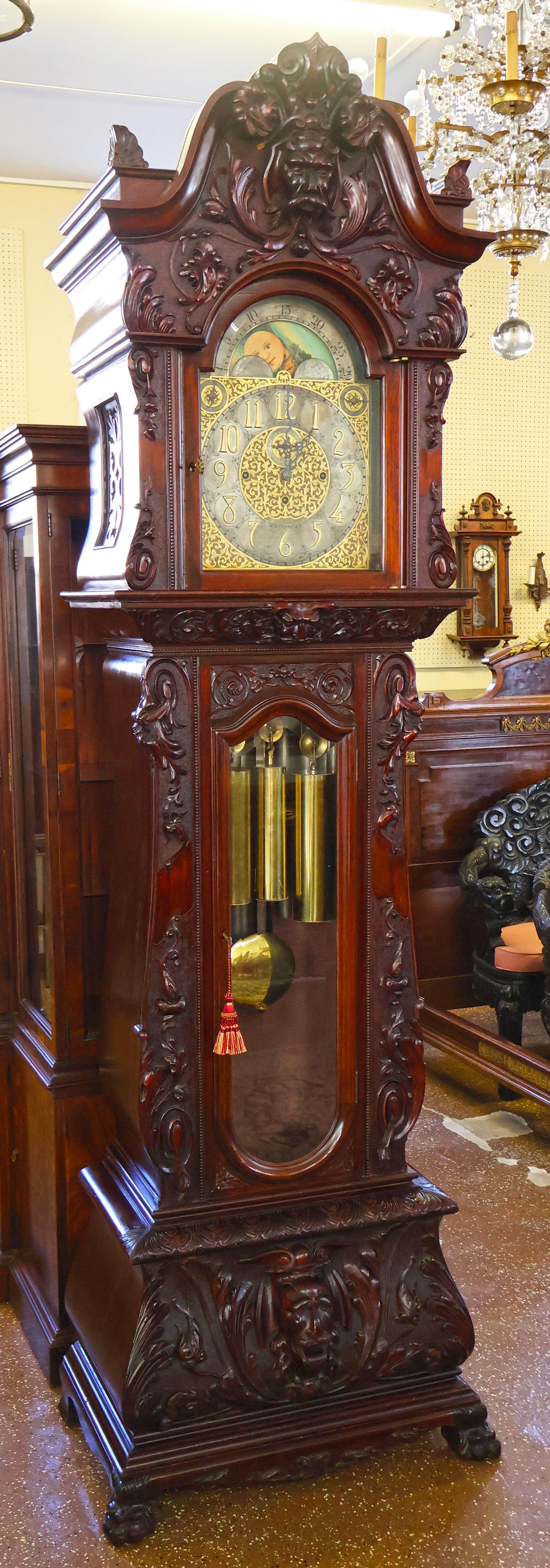 Antique RJ Horner Figural Carved Mahogany 9 Tube Tall Case Grandfather ...