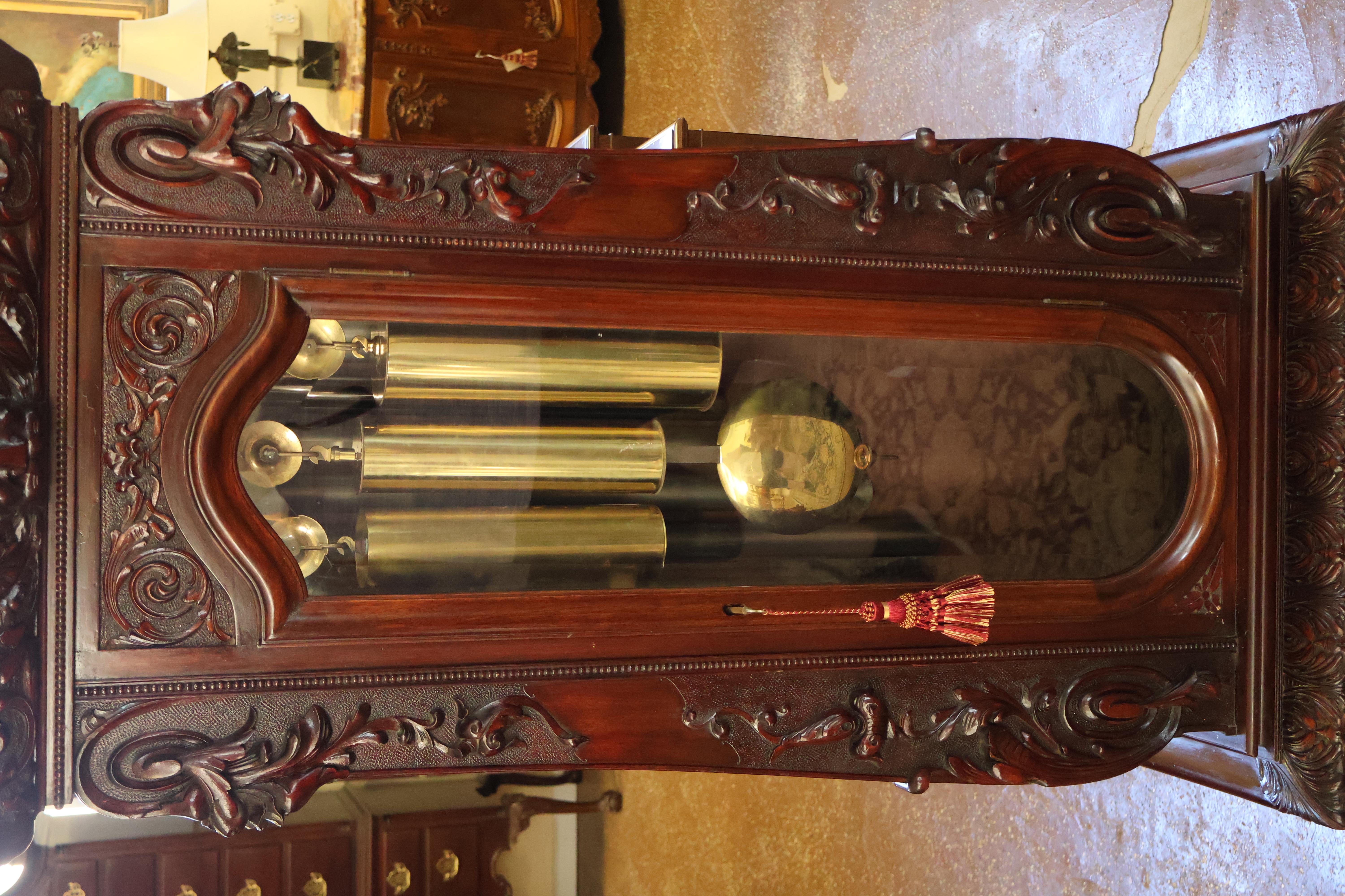 Antique RJ Horner Figural Carved Mahogany 9 Tube Tall Case Grandfather ...