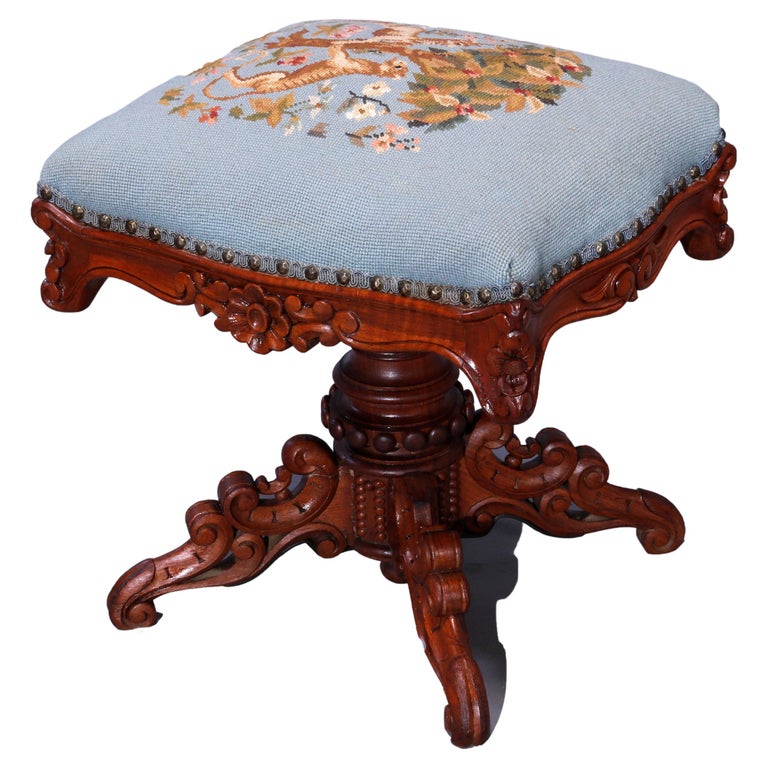 Antique Rococo Needlepoint and Walnut Revolving Stool, Unicorn and ...
