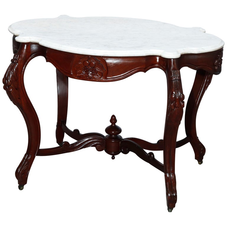 Antique Rococo Revival Turtle Top Carved Walnut and Marble Center Table ...