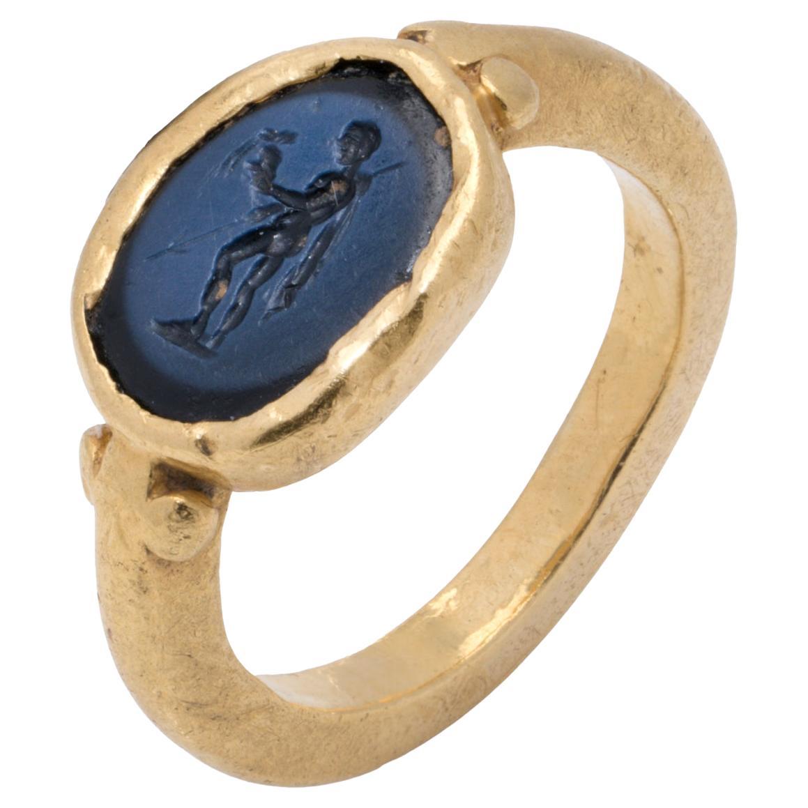 Georgian 18th Century Signet Ring with Ancient Roman Nicolo Intaglio of ...