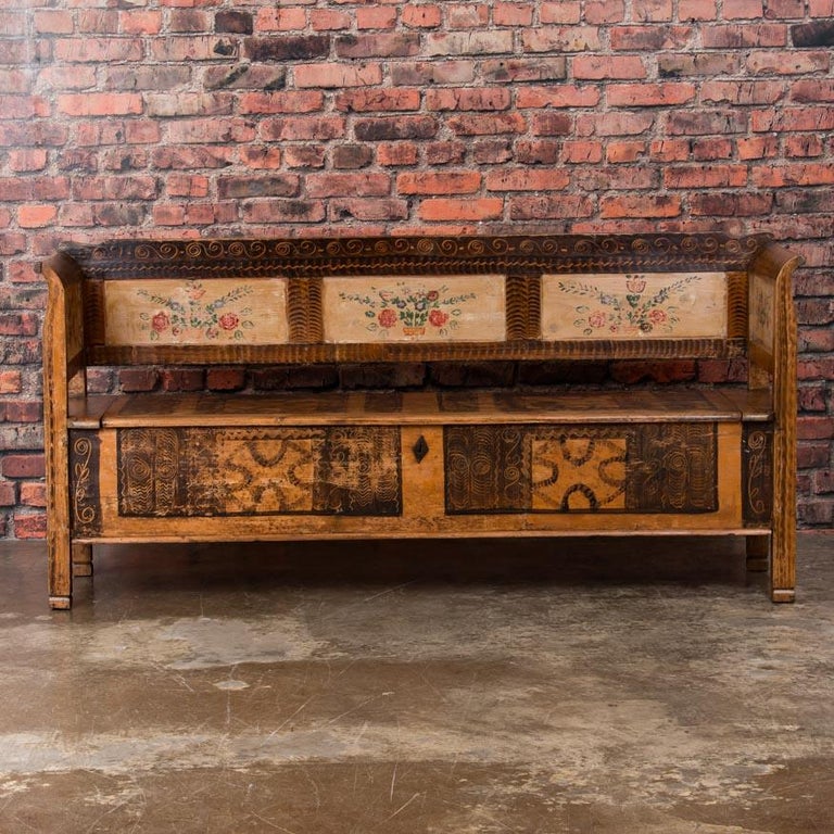 Antique Romanian Folk Art Painted Storage Bench at 1stDibs