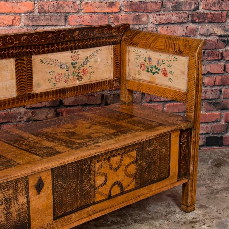 Antique Romanian Folk Art Painted Storage Bench at 1stDibs